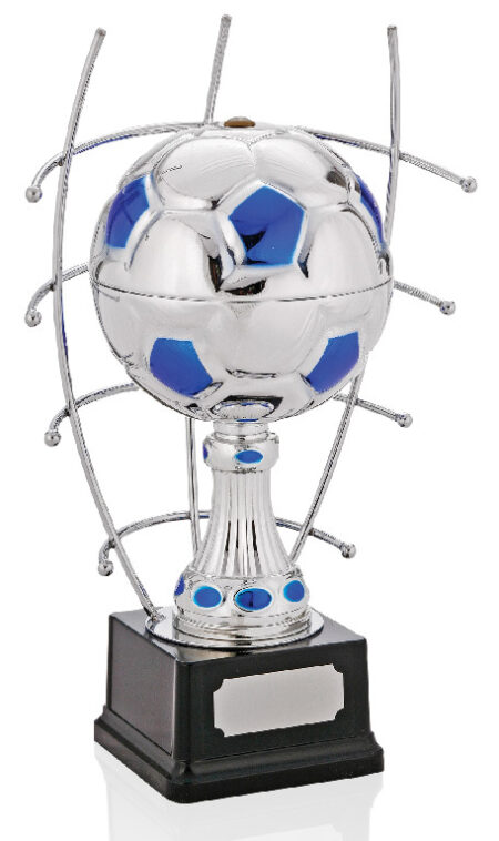 Silver & Blue Soccer Ball Trophy with Net Accents - Fantasy Trophy Store
